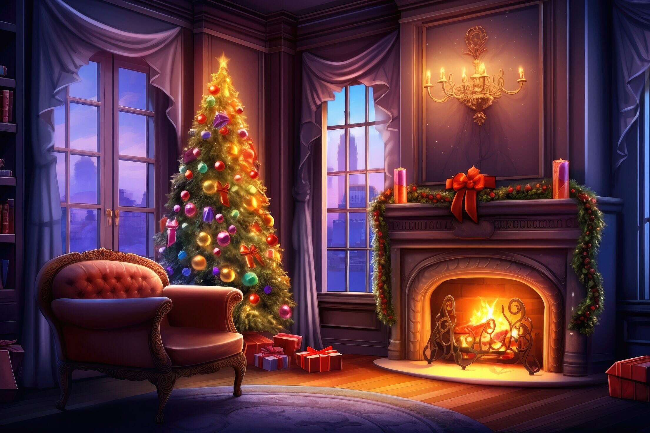 Colorful Christmas Living Room Interior with Christmas Tree Free Stock ...
