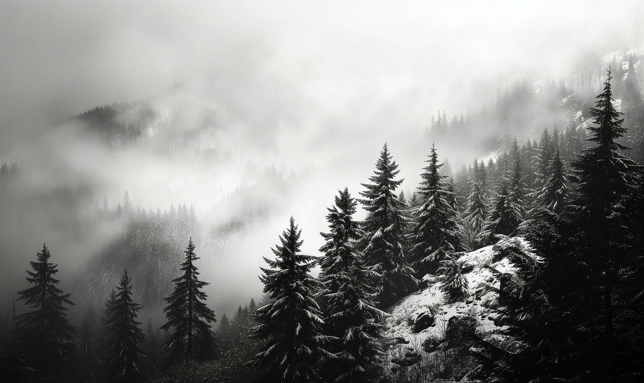 Dark B&W Photo of Trees in Foggy Winter Mountains Free Stock Photo ...