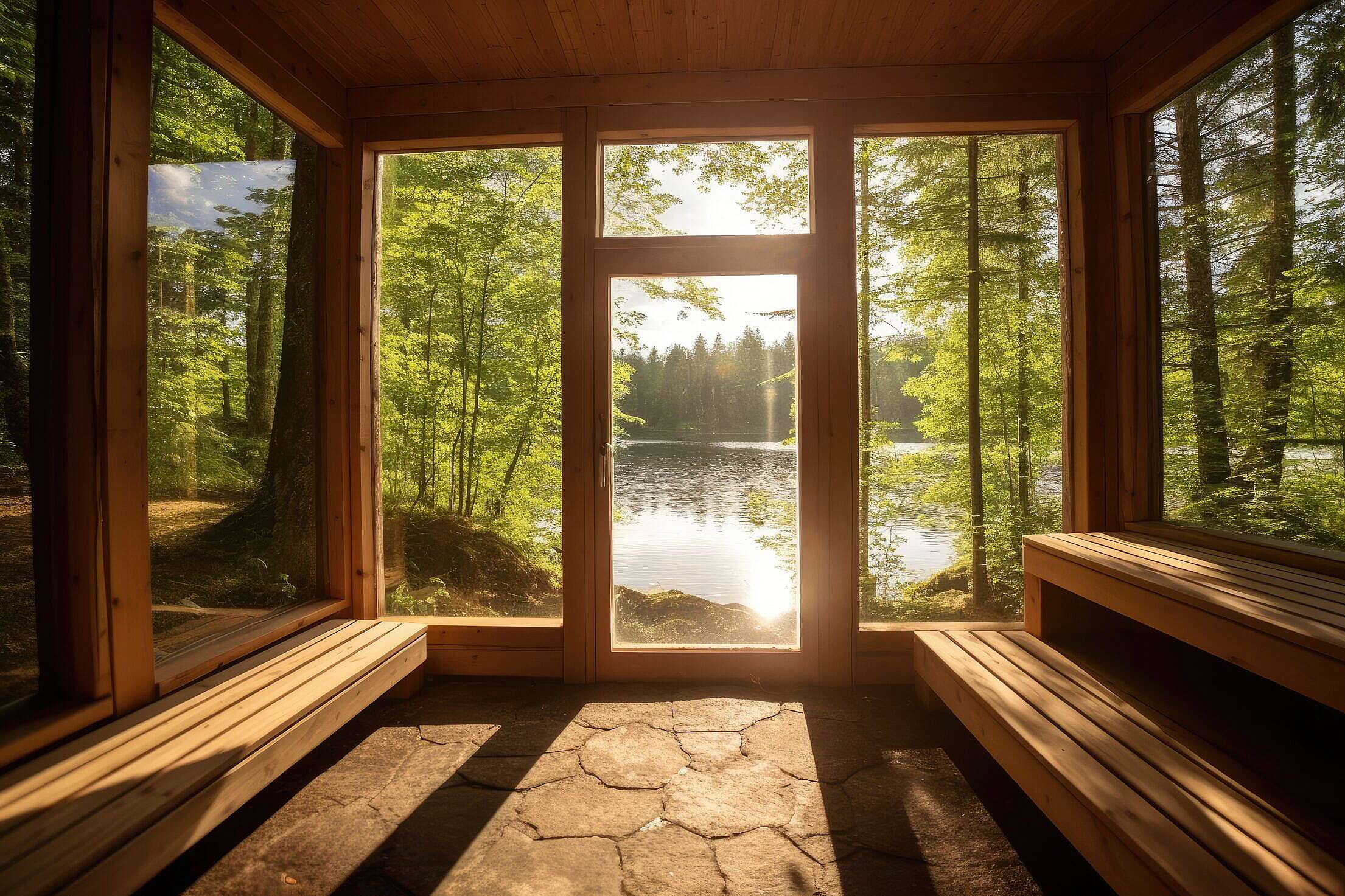 Home Sauna Interior with Windows into Summer Nature and Lake Free Stock ...