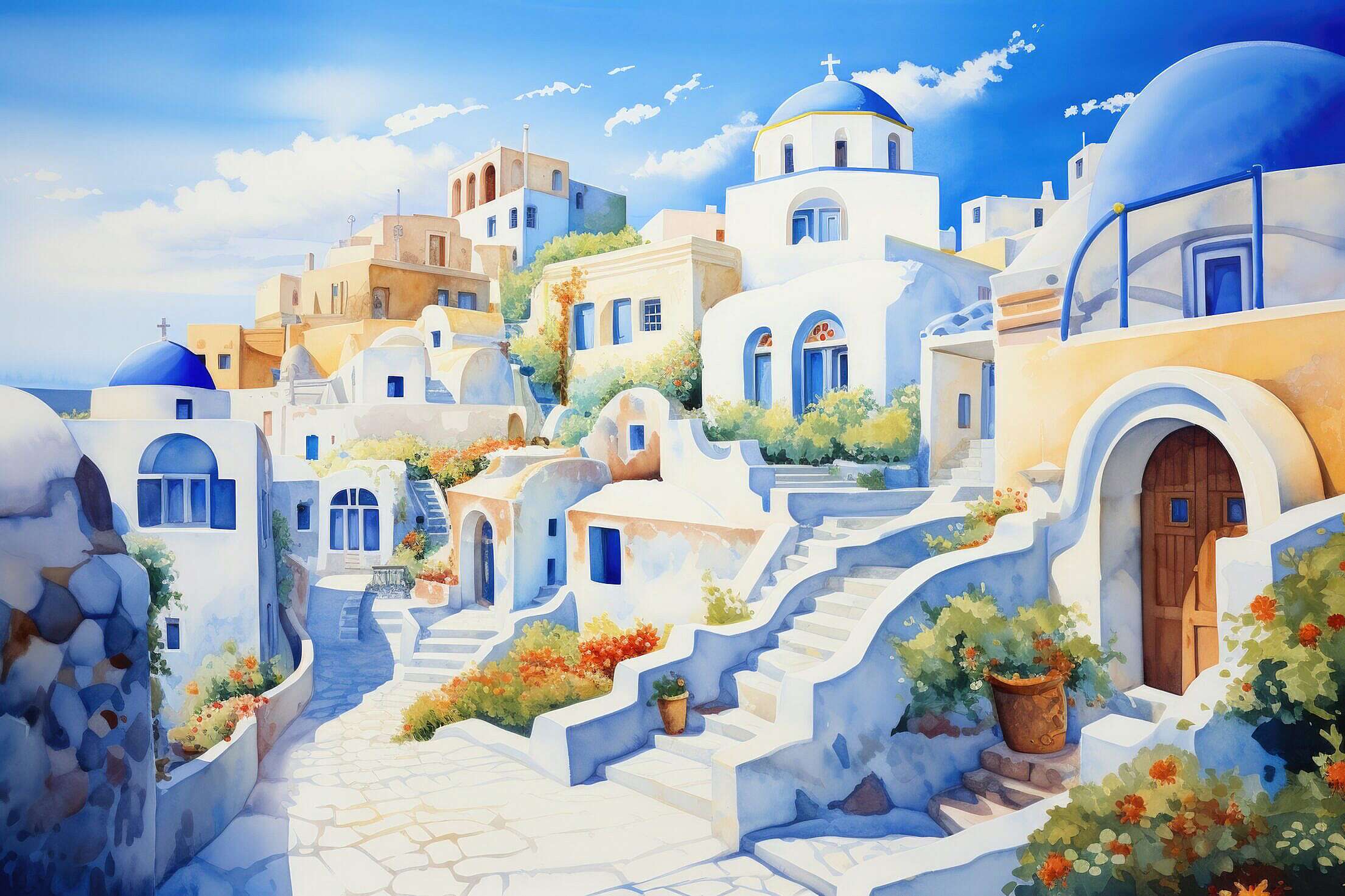 Romantic Painting of Beautiful Santorini Greece Free Stock Photo | picjumbo