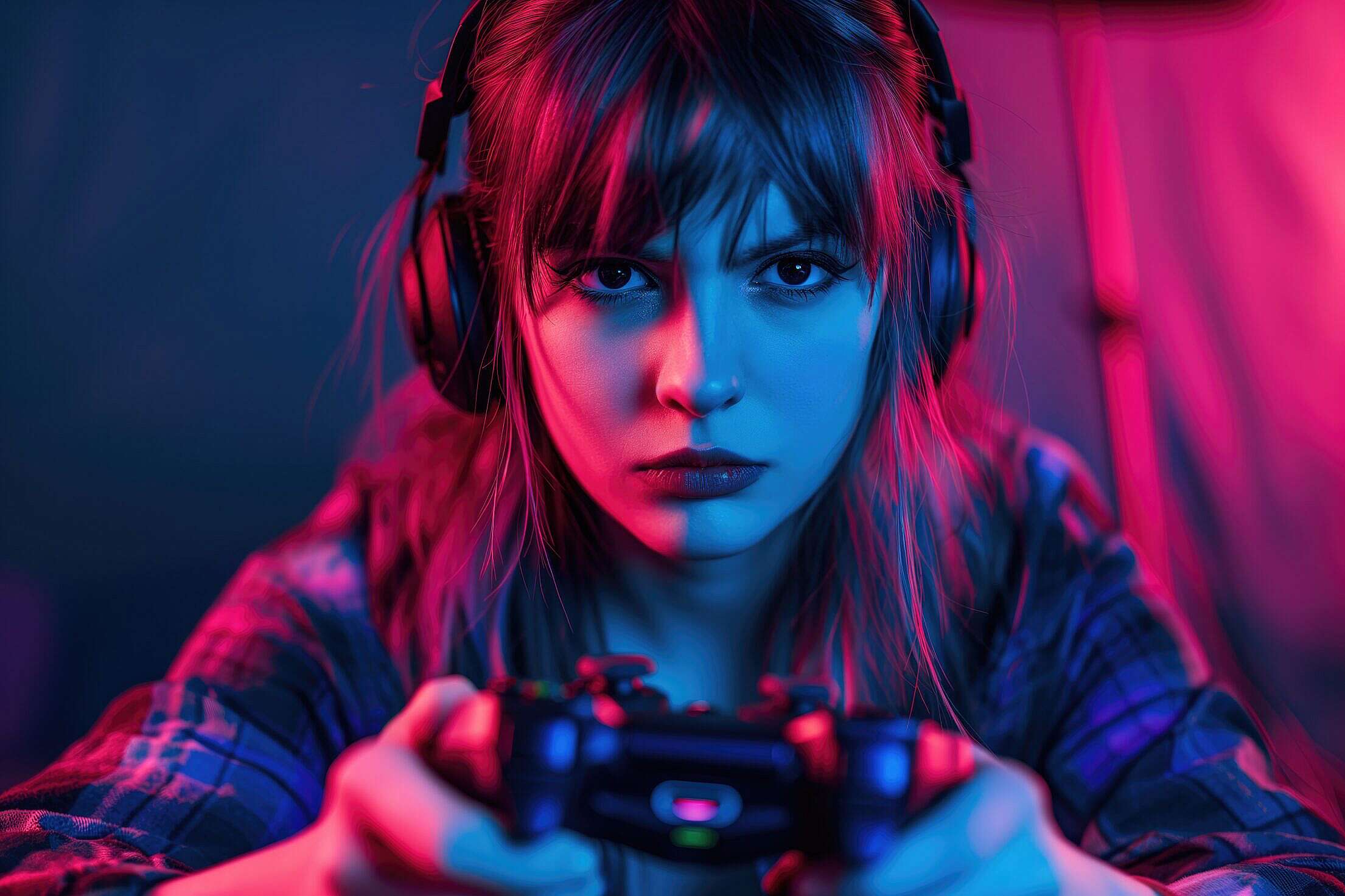 Young Gamer Girl Red and Blue Lights Free Stock Photo | picjumbo